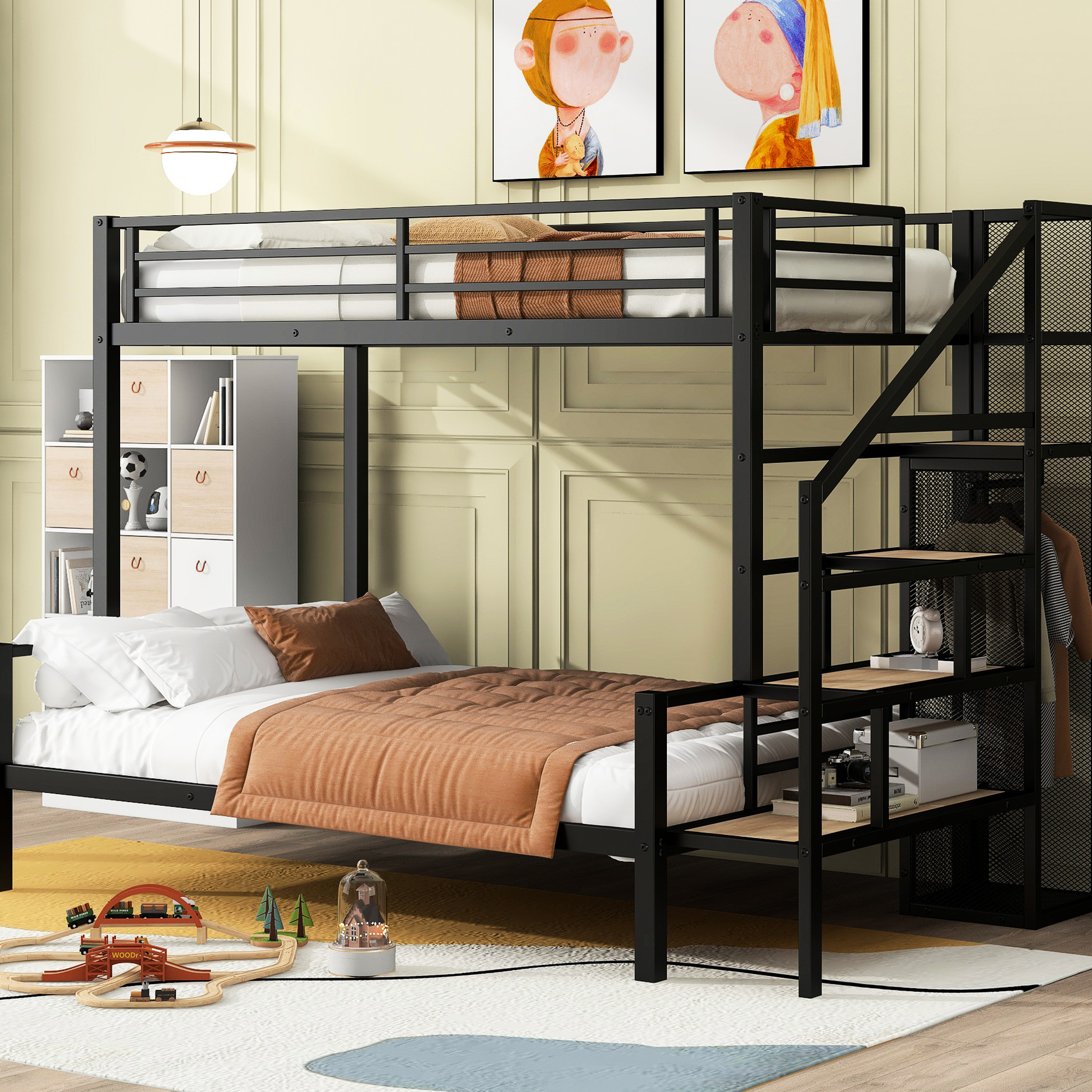 Black metal twin over full bunk bed with storage staircase and ...