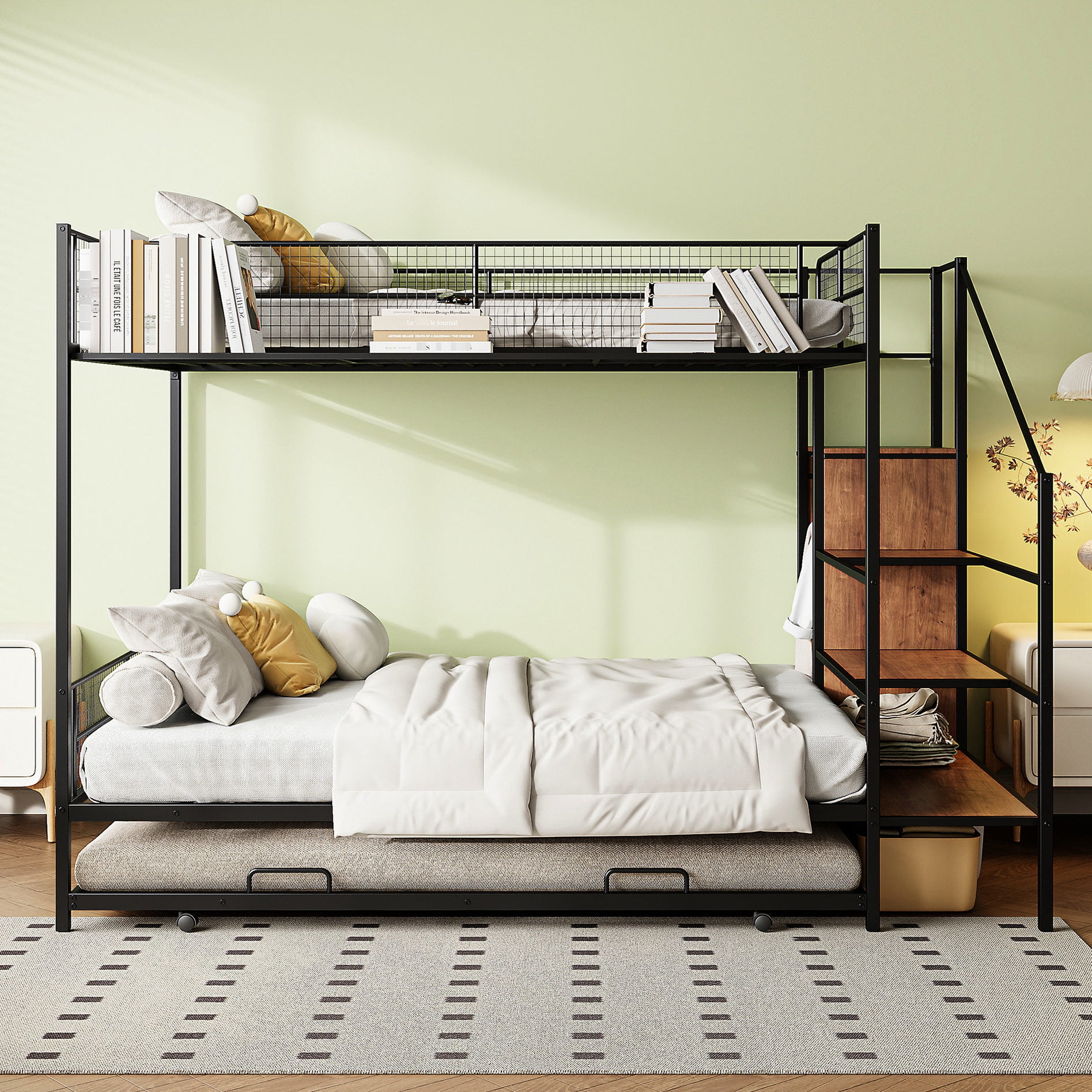 Black metal twin over full bunk bed with wardrobe wire shelving and ...