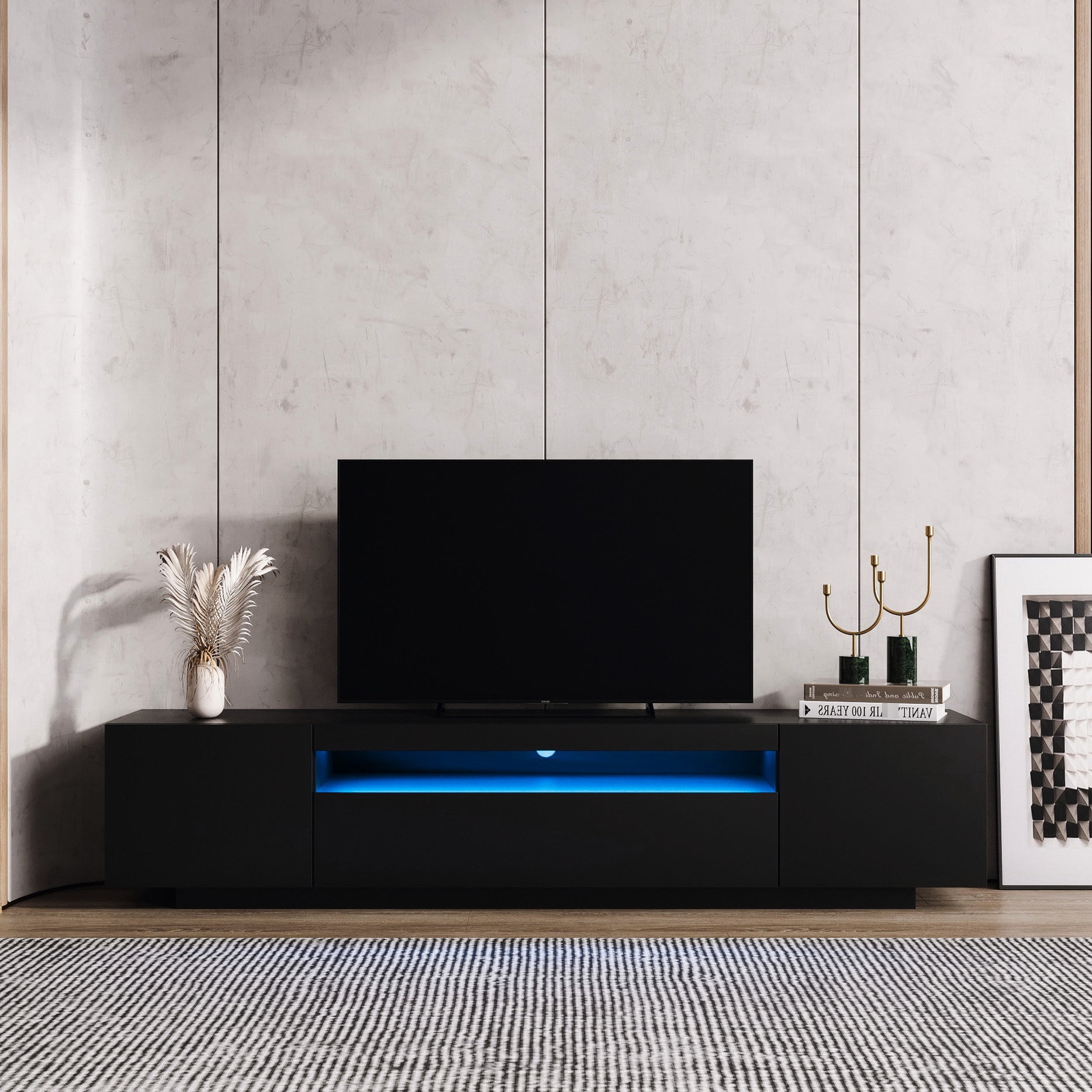 Black modern TV stand with lights and practical storage drawers for ...