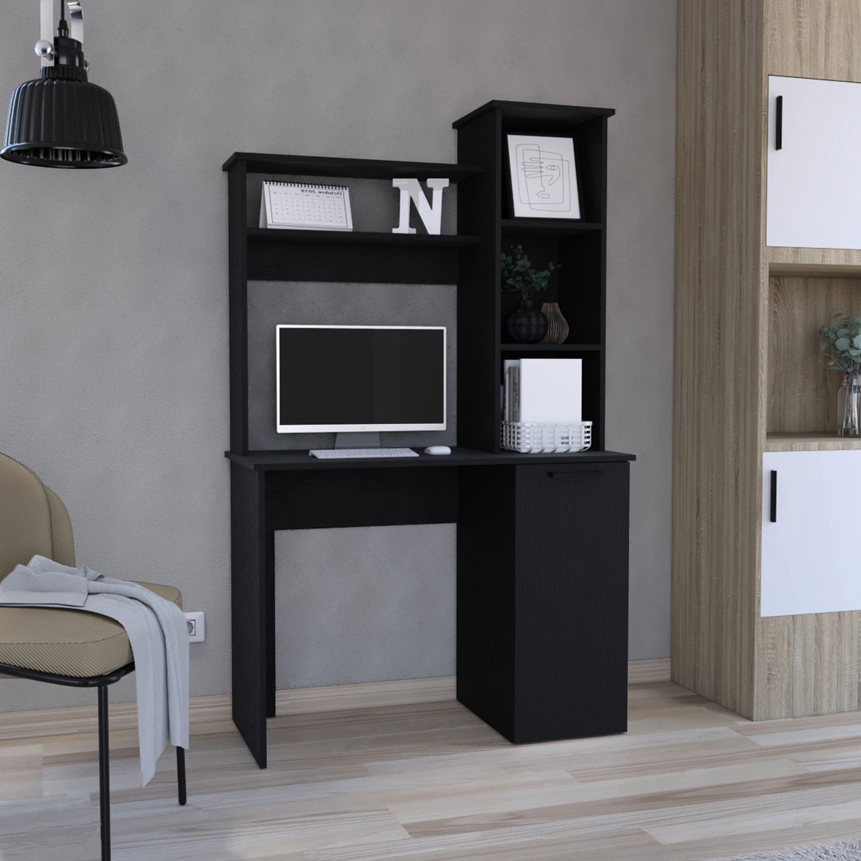 Black modern computer desk with single - door cabinet / Beautifies the ...