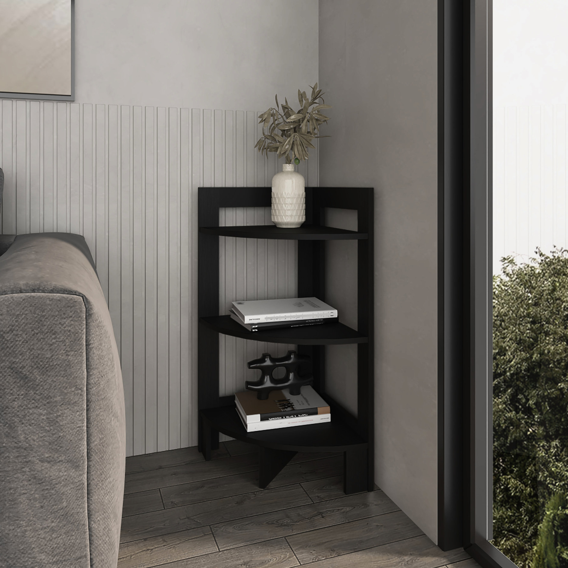 Black modern corner storage shelf with three tiers for primary living ...