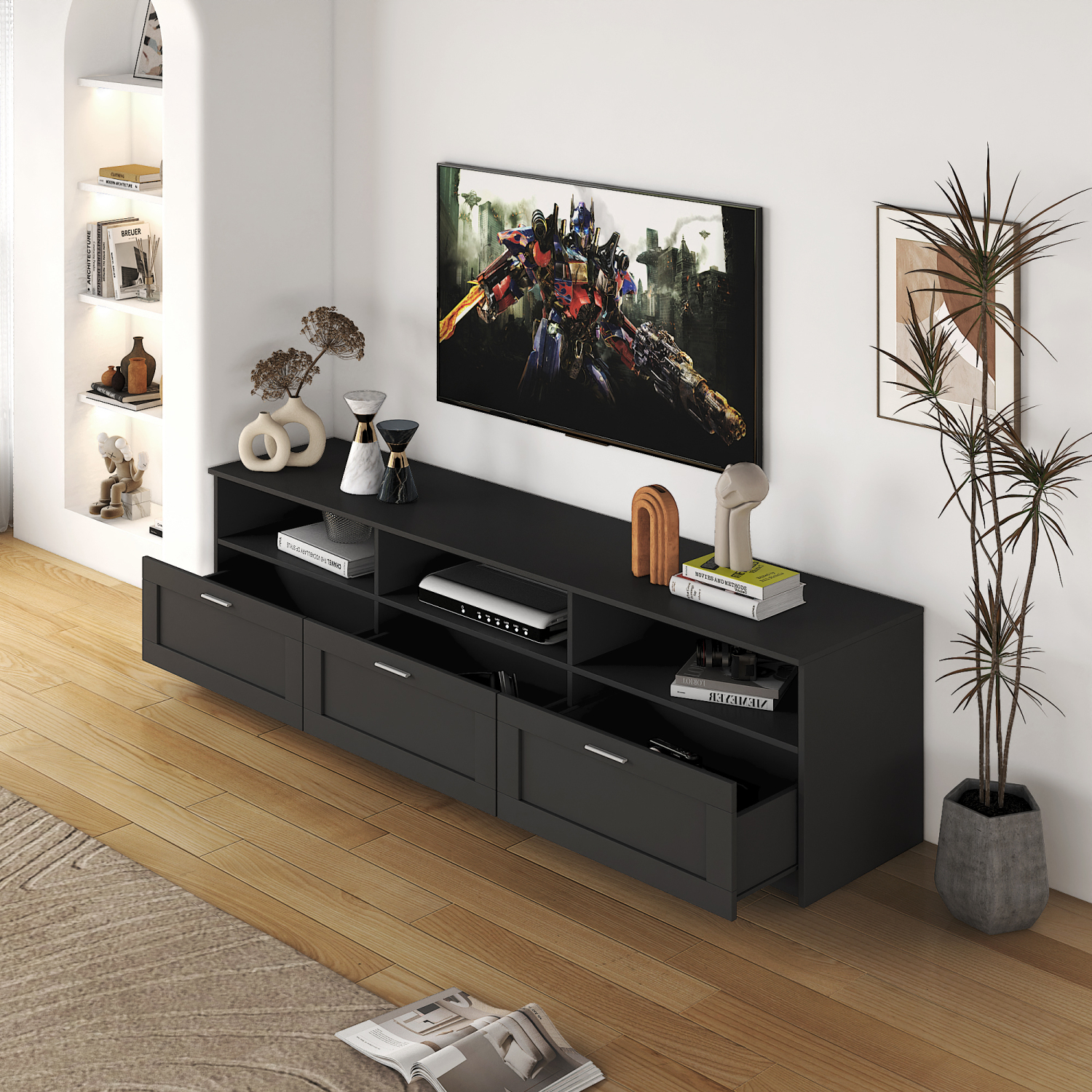 Black modern minimalist TV cabinet 80 inch TV stand open locker Living ...