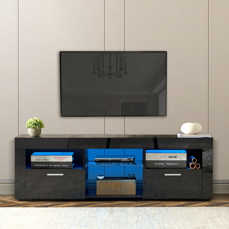 Black morden TV Stand with LED Lights,high glossy front TV Cabinet,can ...