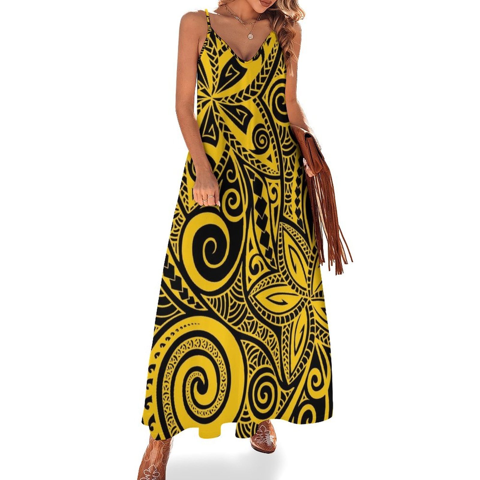 Black mustard yellow Polynesian floral design Sleeveless Dress Women's ...