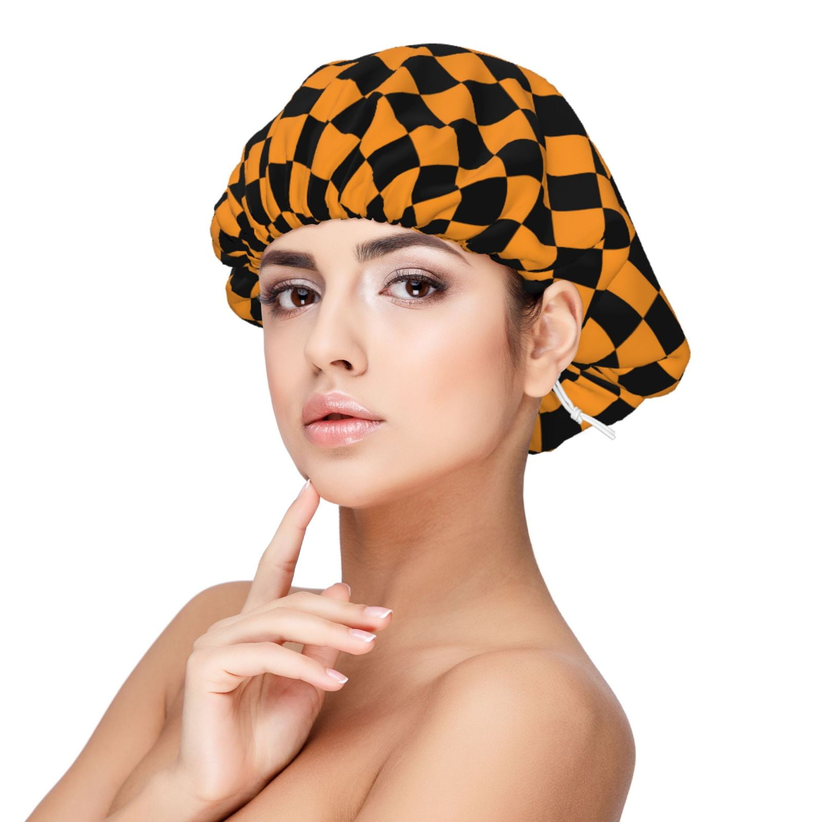 Black orange checkered Silk Bonnet for Sleeping Women/Men, Adjustable ...
