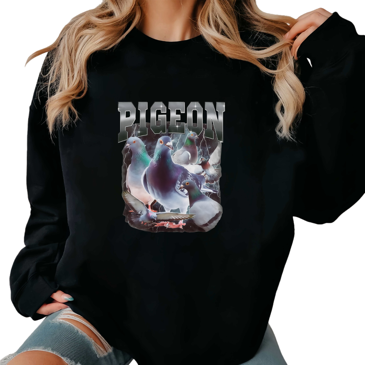 Black pigeon lover exclusive sweatshirt with PIGEON lettering and multi ...