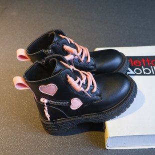 Black/pink Girls Leather Boots with Anti Slip Low Cut Side Zipper ...