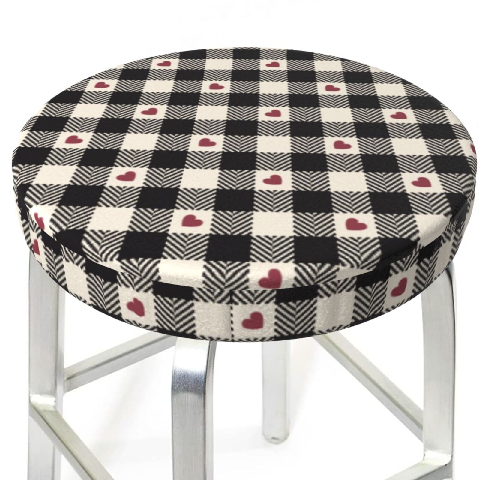Black plaid heart Bar Stool Covers Round - Washable Round Seat Covers ...