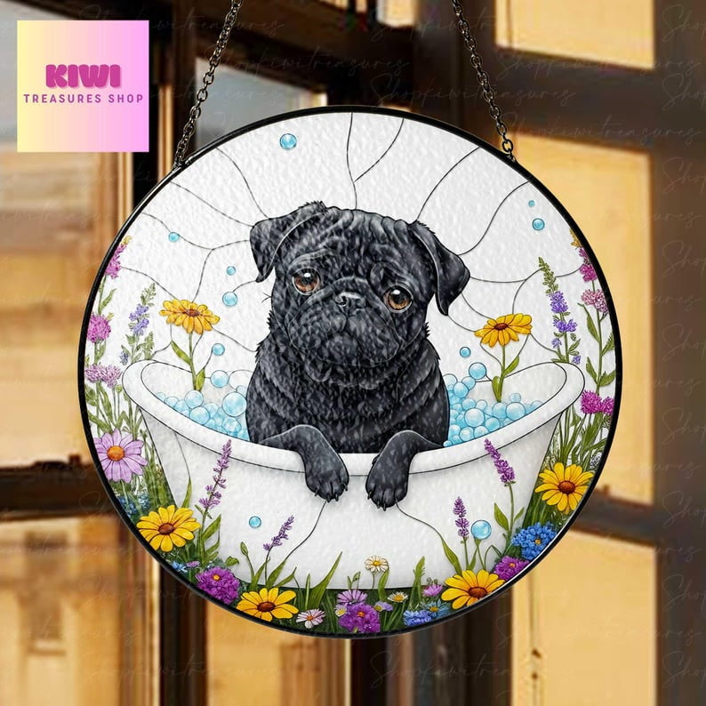 Black pug in bath tub GLASS Suncatcher Hanging, cute black pug, Pug ...