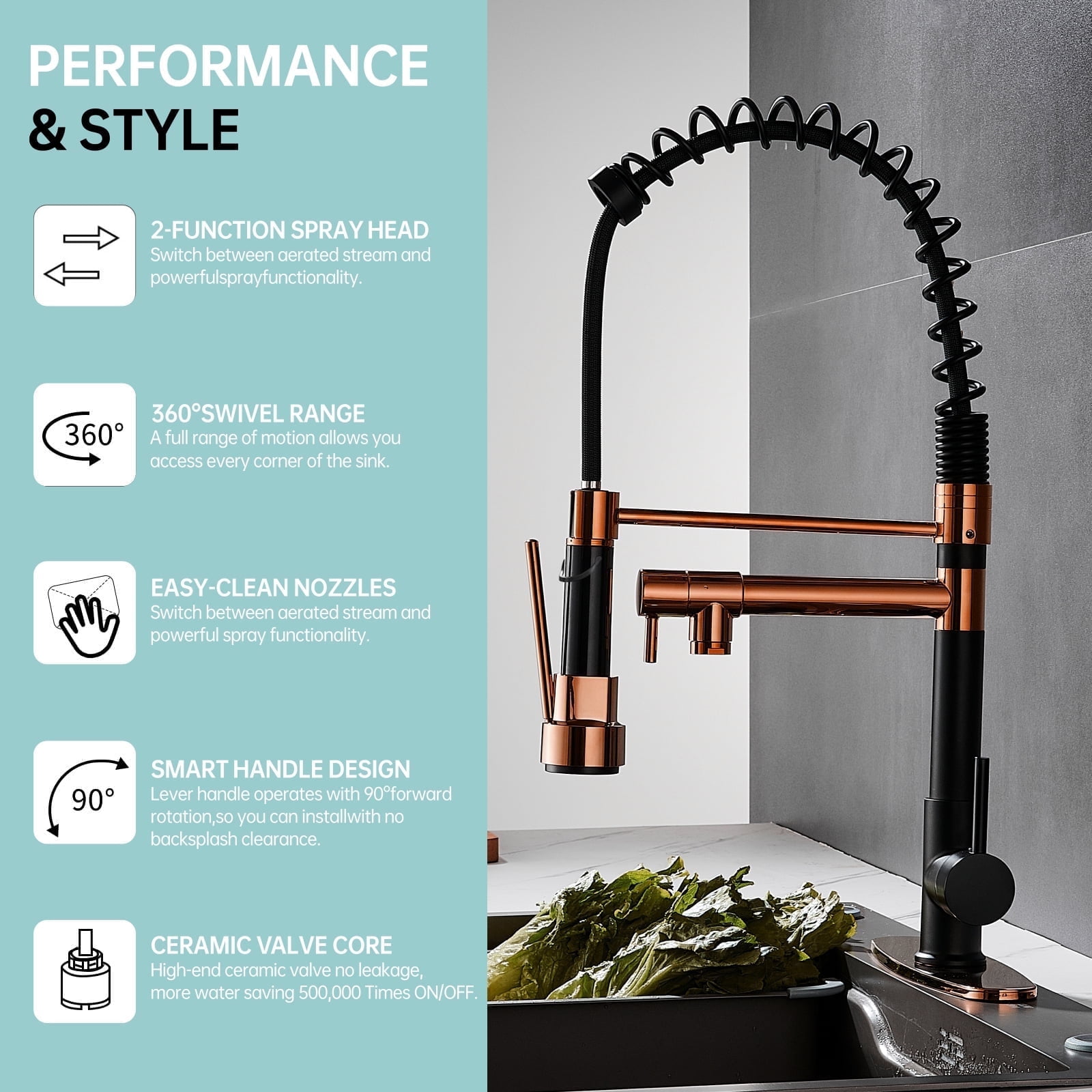 Black+rose gold kitchen faucet. Spring rotating, with base plate ...