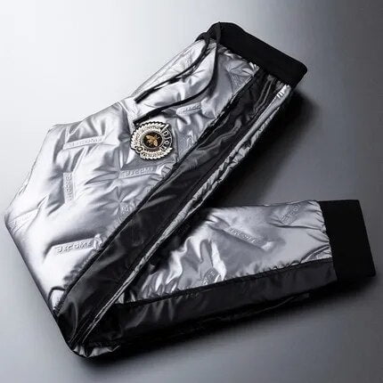 Black shiny men's down pants wear winter cold-proof badge bee warmth ...