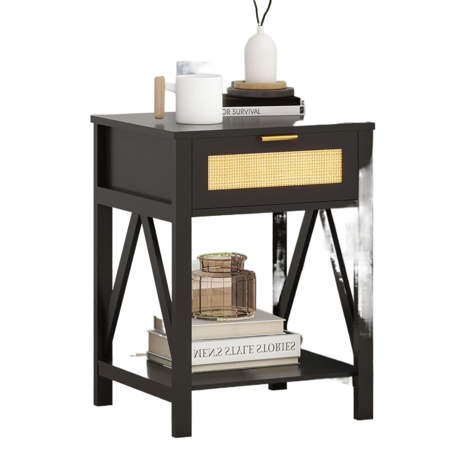 Black side table with storage space, side table with drawers and wooden ...