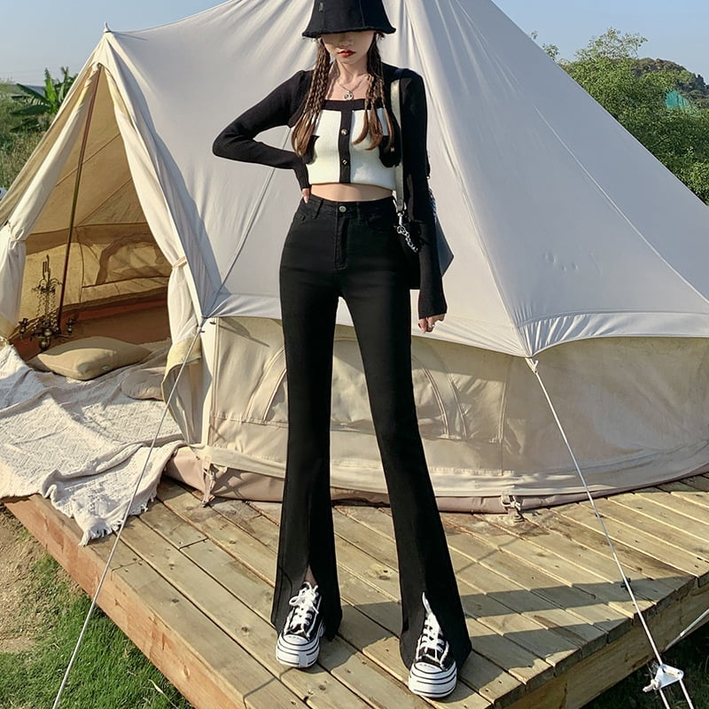 Black split jeans women's high waist tight slim floor-length flared ...