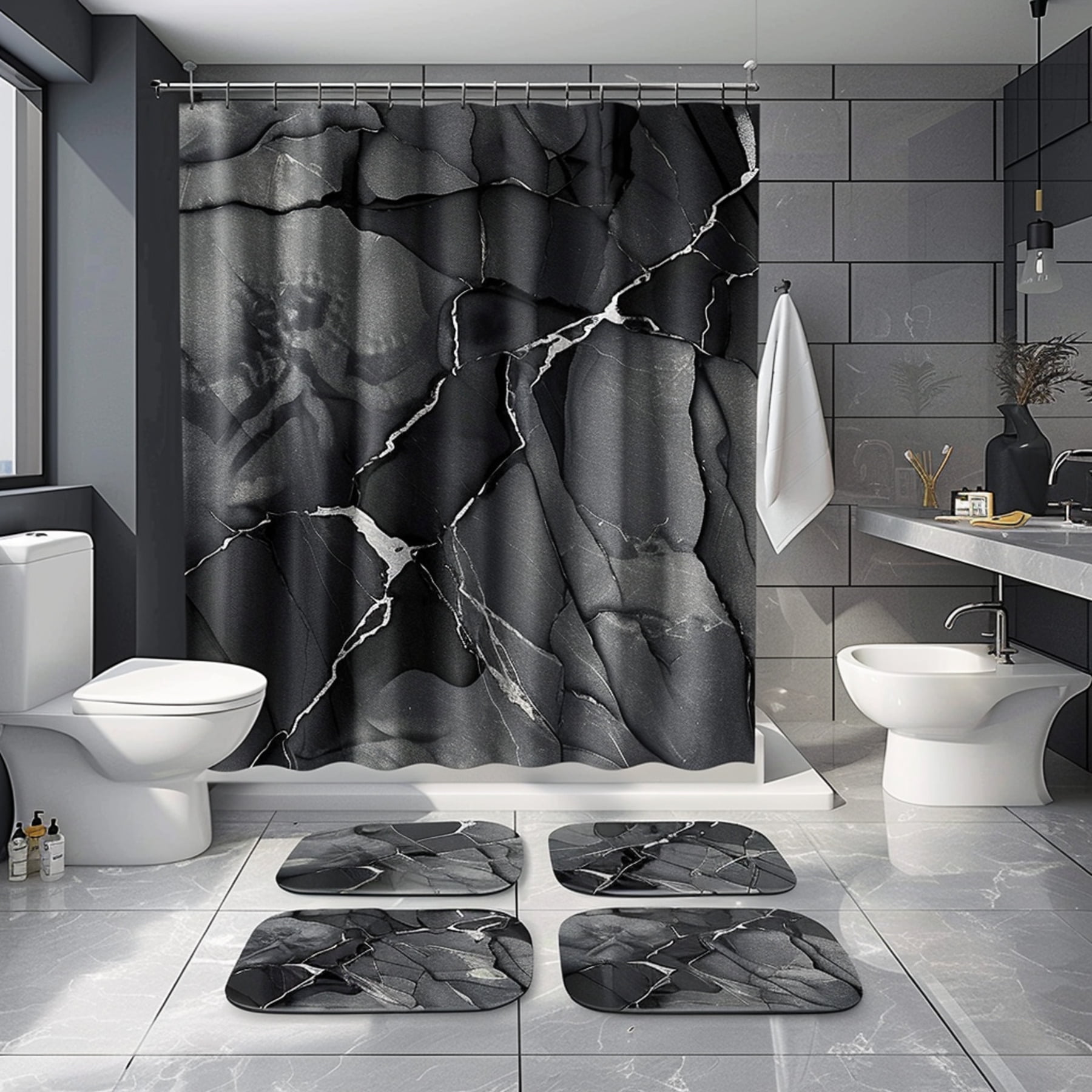 Black stone pattern bathroom curtain set with marbleized tile textures ...