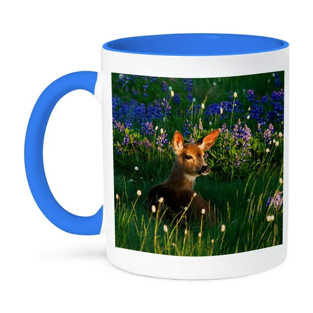 3dRose, Black-tail Deer Fawn, alpine wildflowers, 11oz Two-Tone Blue ...