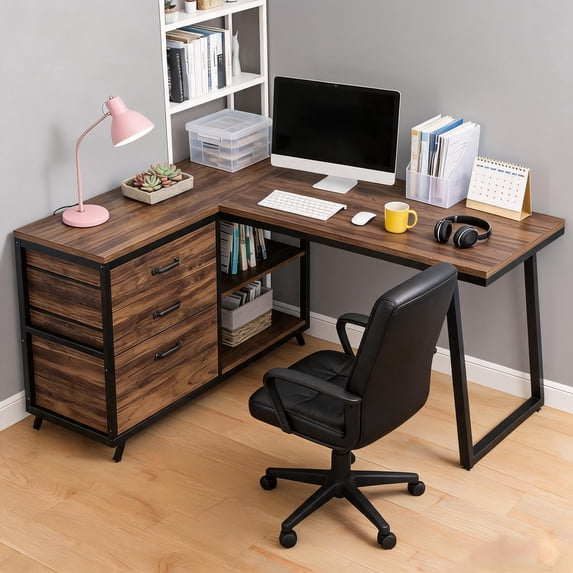 Black-toned Metal and Particle Board L-Shaped Computer Desk for Home ...
