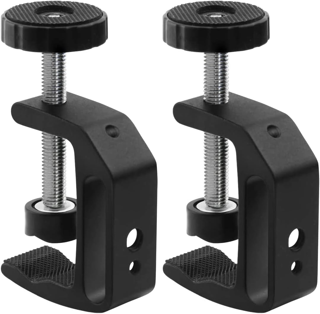 Black universal C-clamp with 1/4 and 3/8 threaded holes for desktop ...