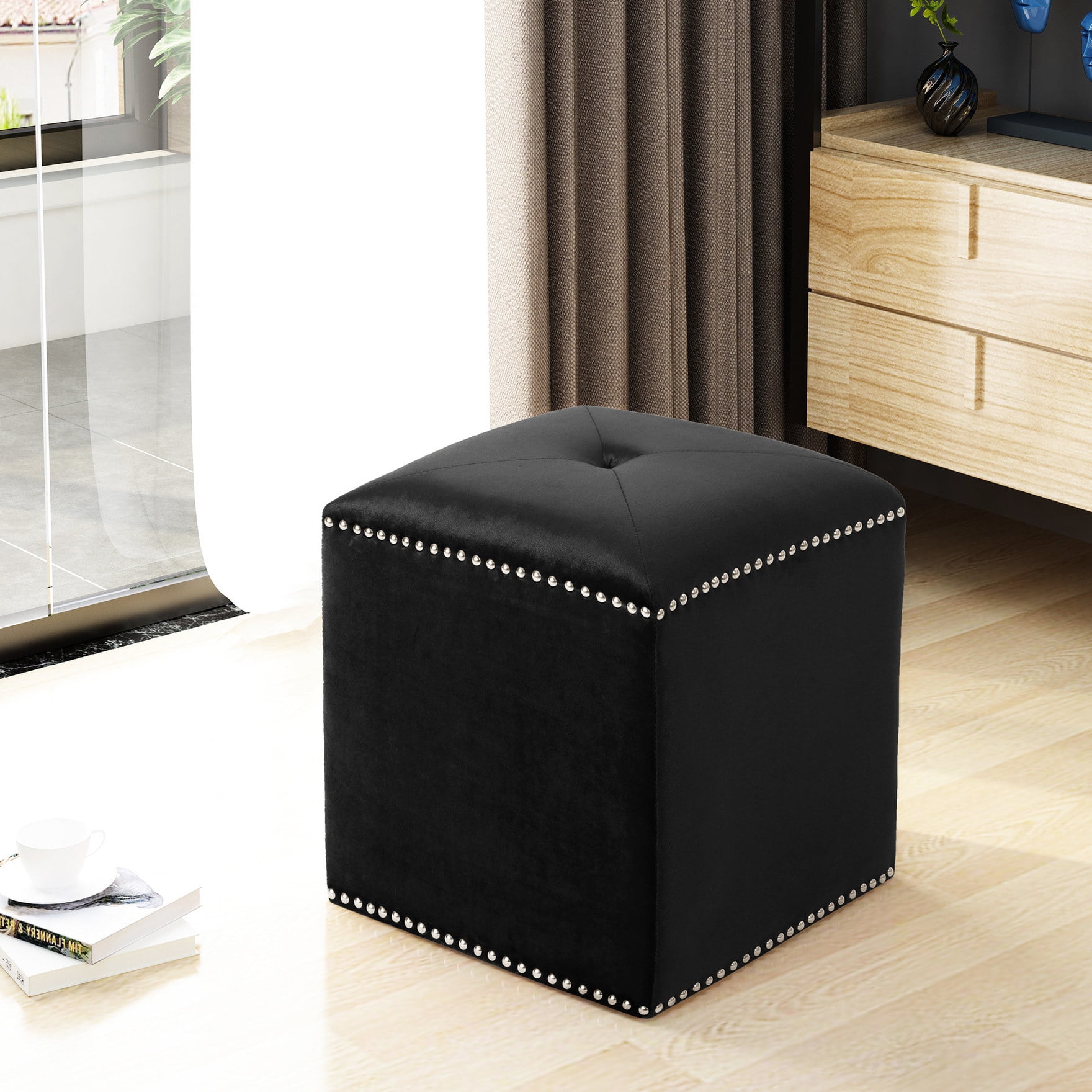 Black velvet ottoman for home rooms to rest feet with studded edge and ...