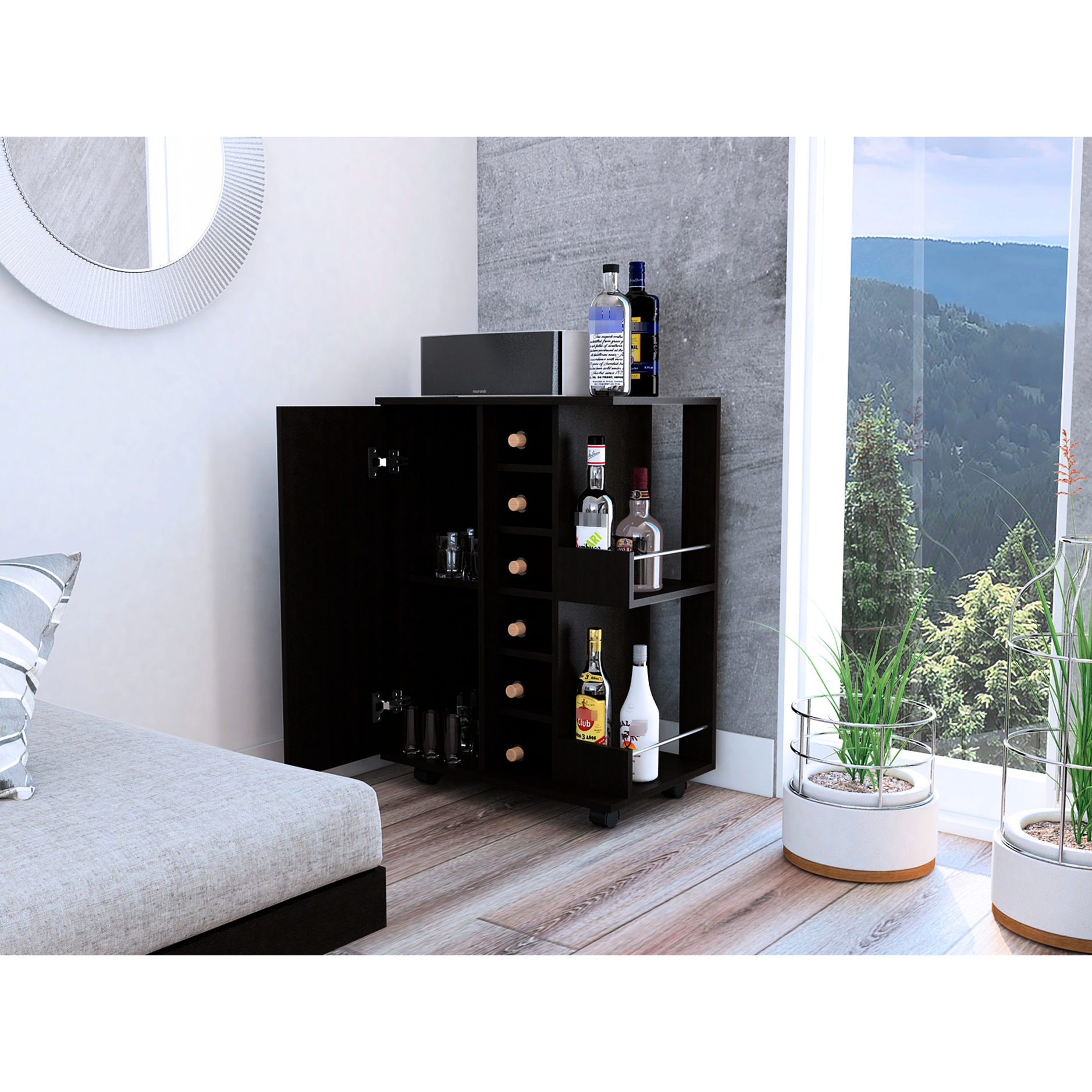 Black wengue look, two interior shelves in cabinet - Fit for modern bar ...