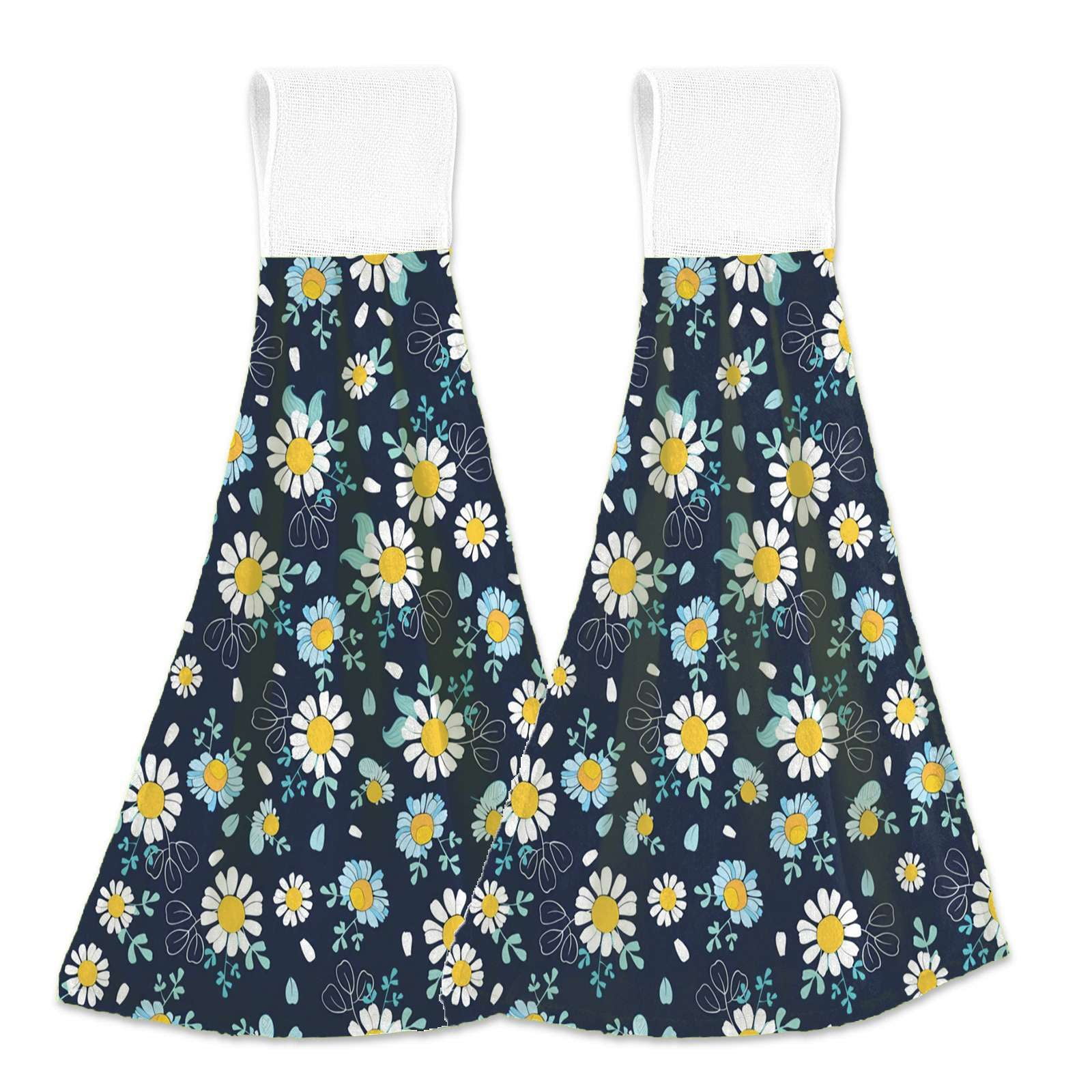 Black white daisies ditsy Hanging Kitchen Hand Towels Sets with Loop ...