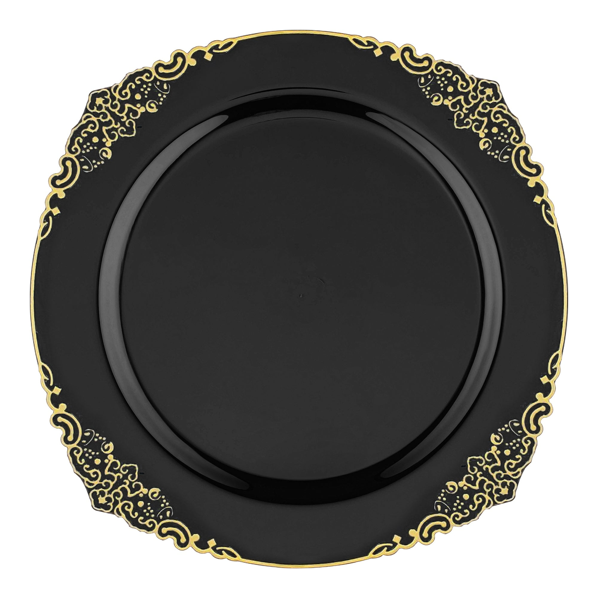 Smarty 10.25” Black with Gold Fancy Round Disposable Plastic Dinner ...