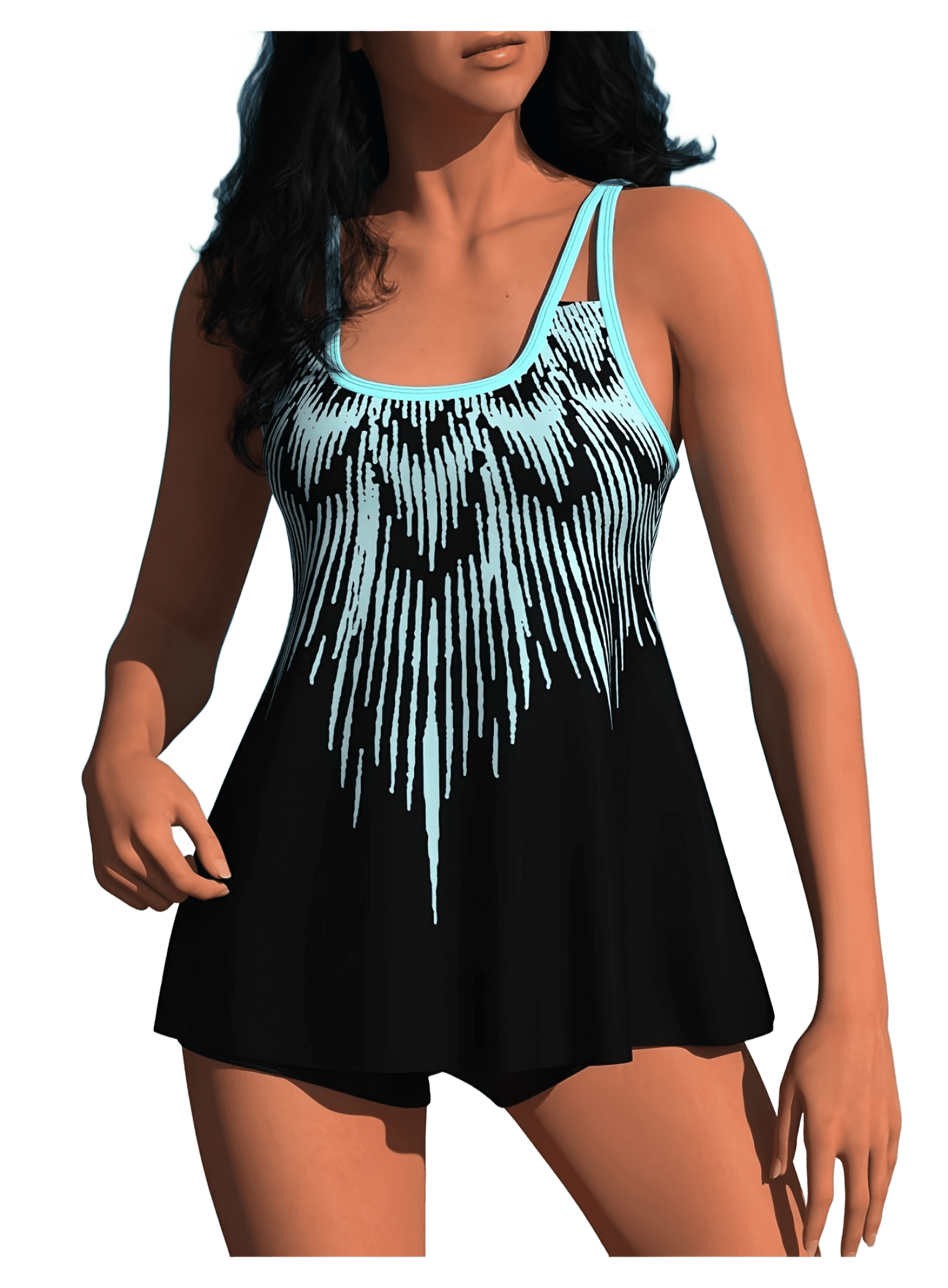Black with Turquoise Radiant Line Print Swimdress Tankini Swimsuit 2 ...