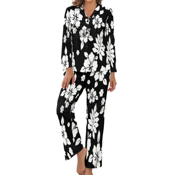 Black with White Hibiscus Hawaiian Flower Pattern Pajamas Woman Vintage ...