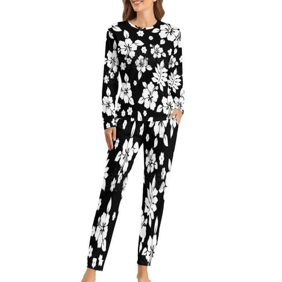 Black with White Hibiscus Hawaiian Flower Pattern Printed Pajama Set ...