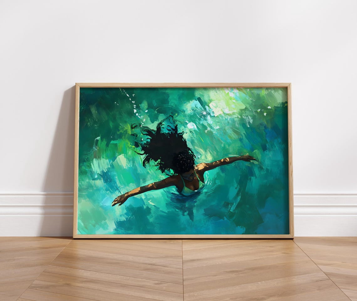 Black woman in swimming pool art print, girl in pool poster, summer ...