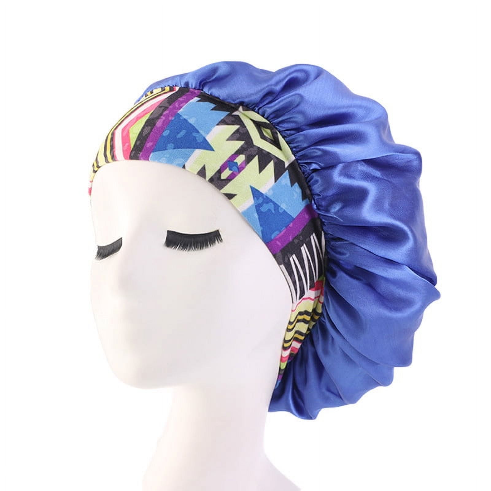 Black women satin hair cap Elastic wide band braid for sleeping (blue ...