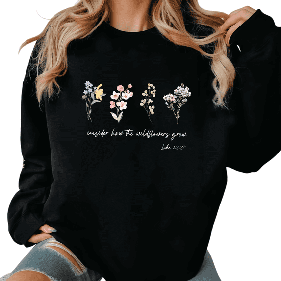 Black womens Print Sweatshirt Graphic Sweatshirt Pastel Wildflowers ...