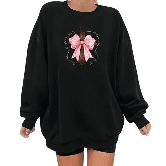Black womens Print Sweatshirt Graphic Sweatshirt Pink Bow Wooden Cross ...