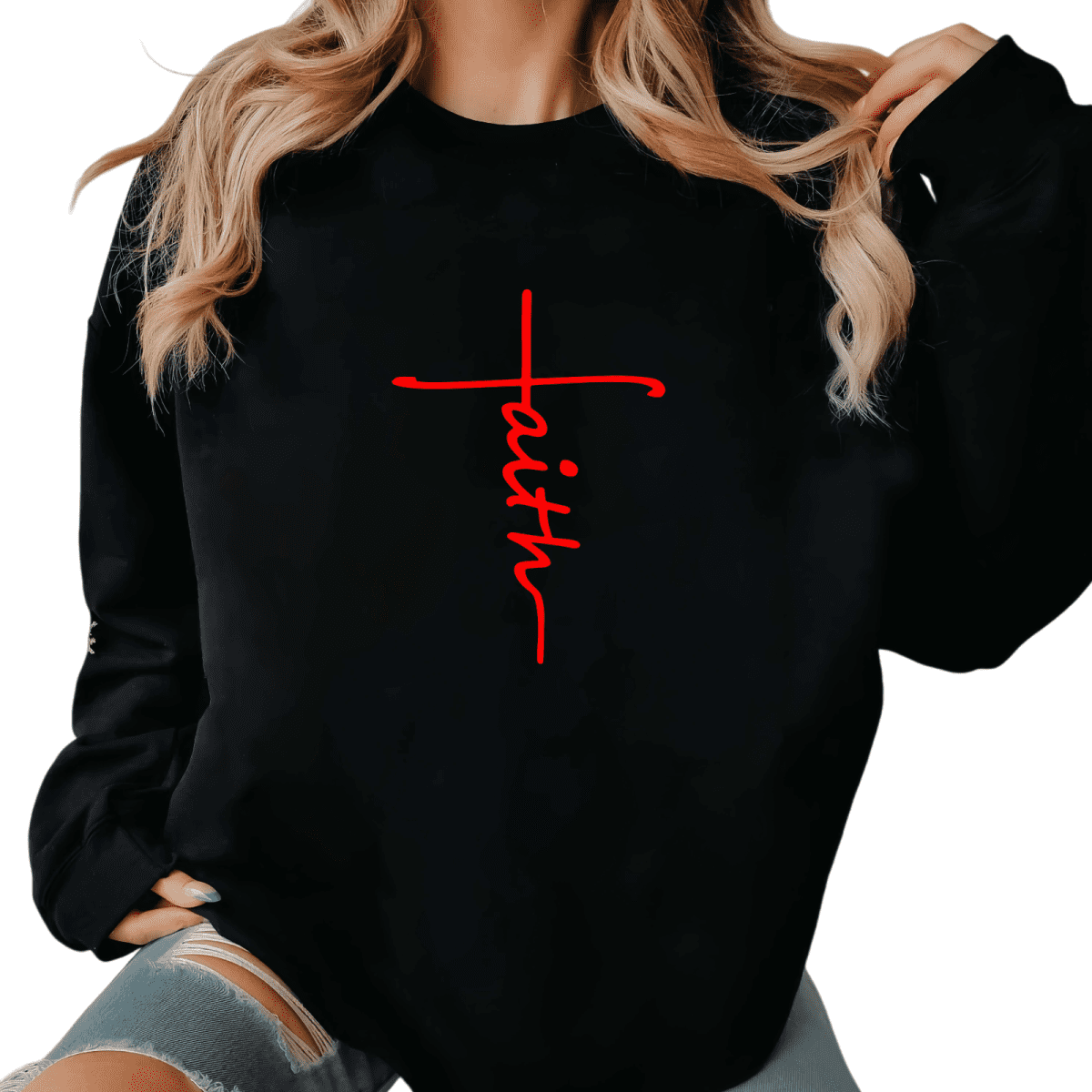 Black womens Print Sweatshirt Graphic Sweatshirt Red Handwritten Cross ...