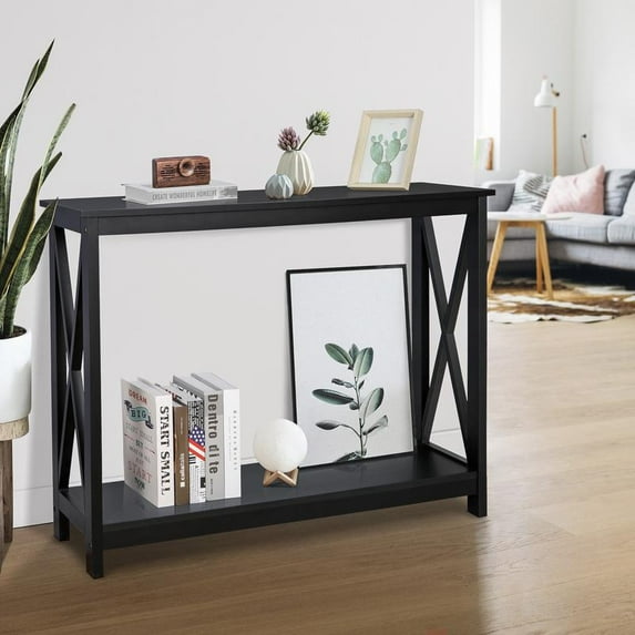 Black2-Tier Home Wood Entryway Console Sofa Side Table x-Shaped ...