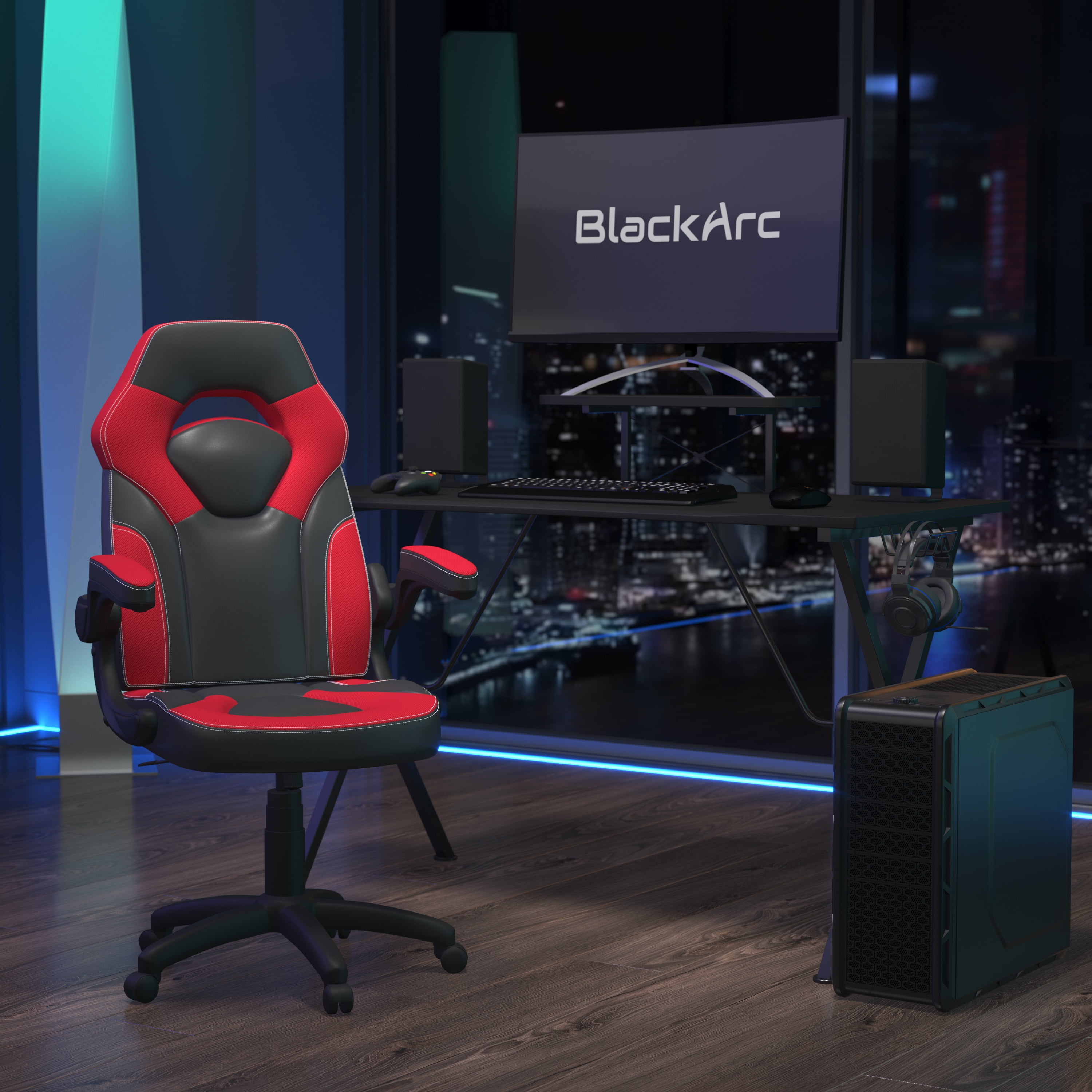 BlackArc Gamma Ergonomic High Back Gaming Desk and Chair Set, Black/Red ...