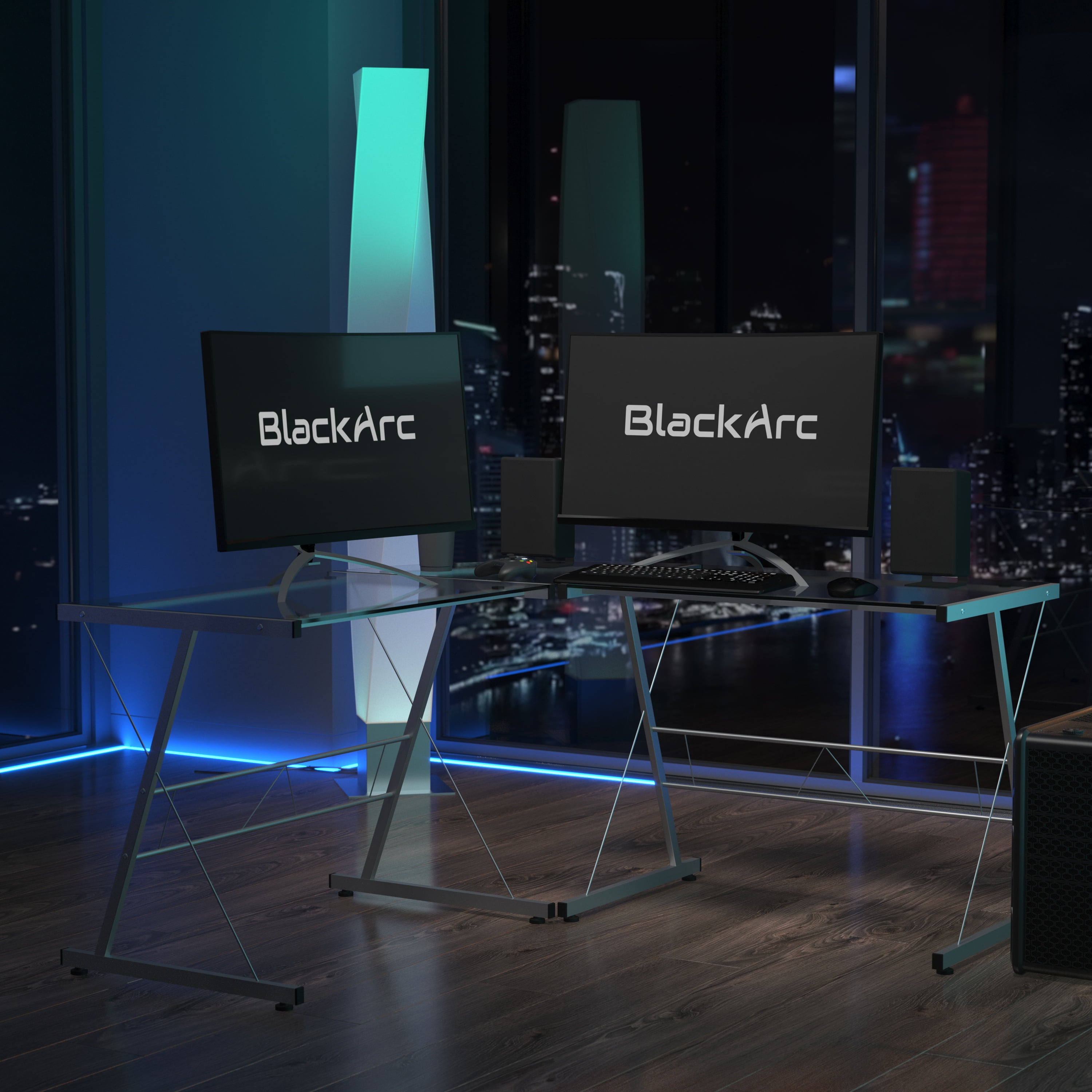 BlackArc L-Shaped Gaming Desk with 83.5" Diagonal Width Clear Tempered ...
