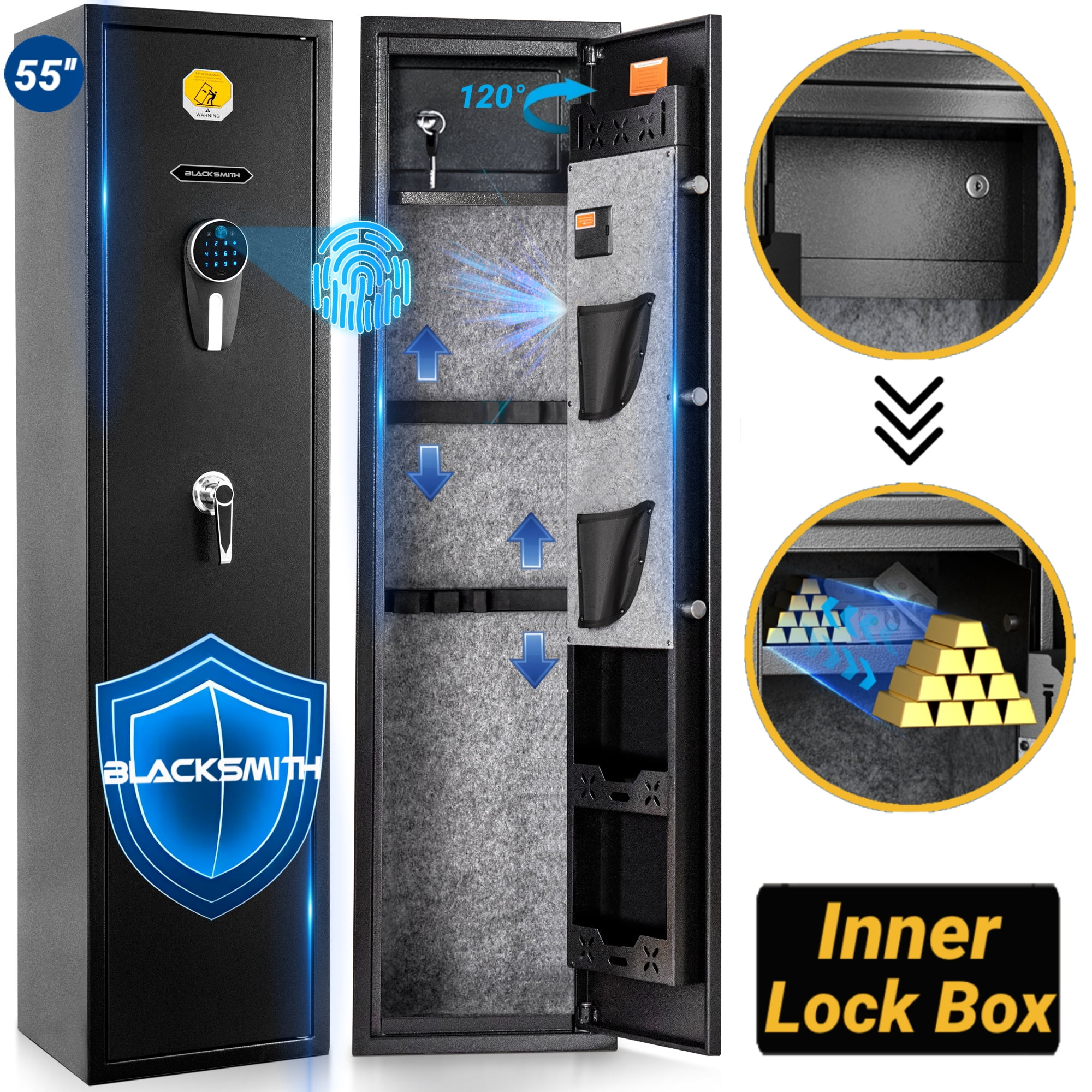 BlackSmith Large Gun Cabinet Fingerprint Biometric Gun Safe for Home ...