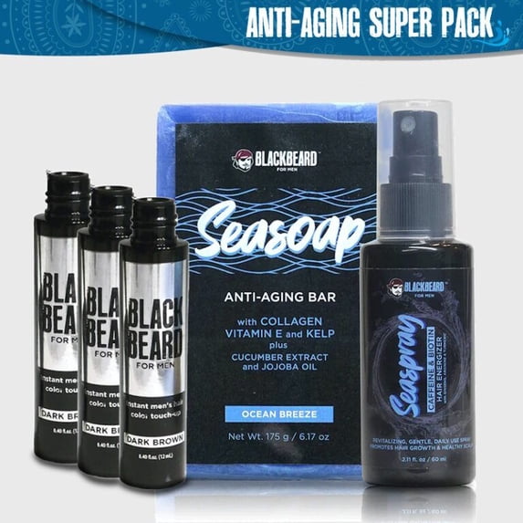 Blackbeard for Men Anti-Aging Super Pack, Beard Color, Hair Loss Serum ...
