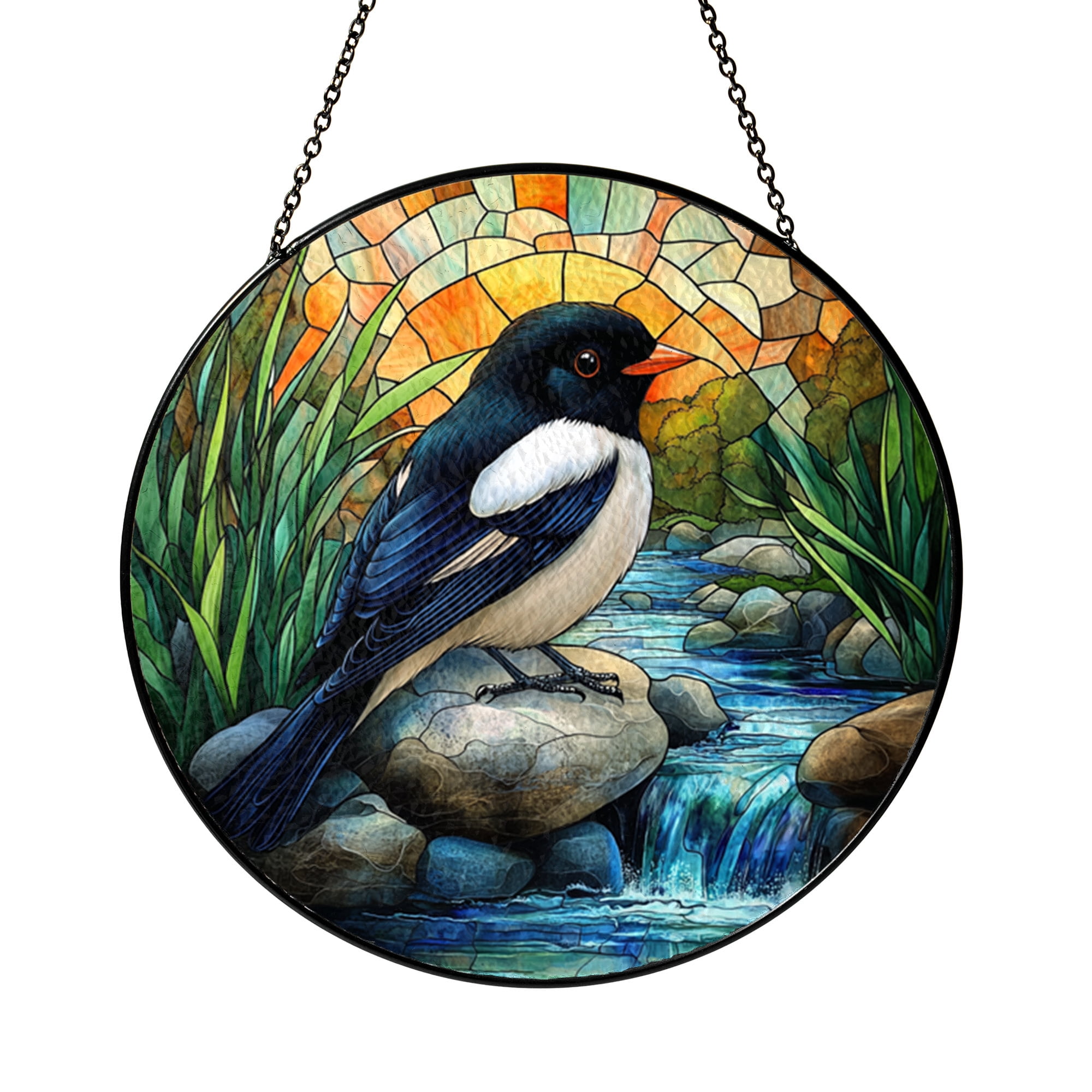 Blackbird on River Rock Stained Glass Style Round Suncatcher Window ...
