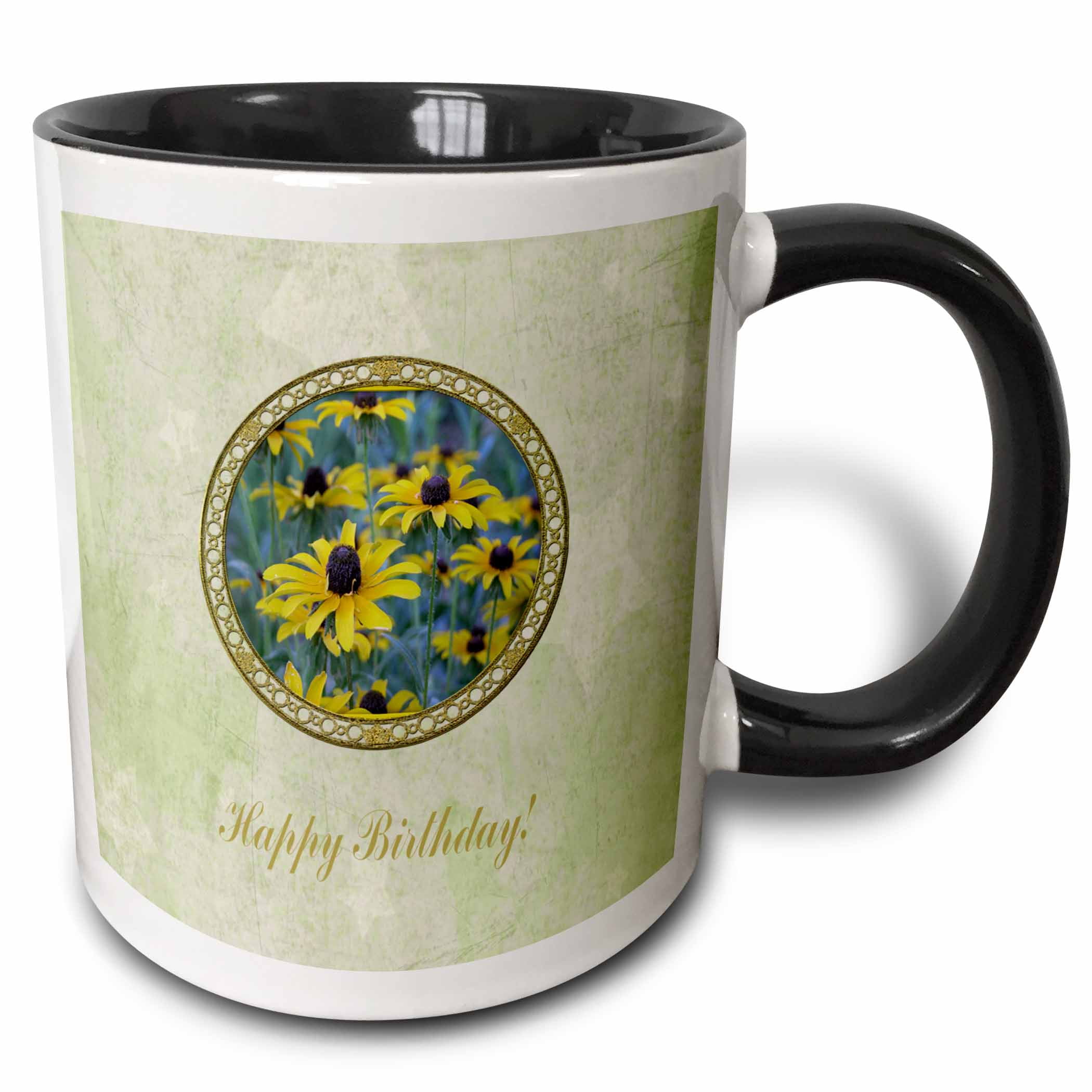 Blackeyed Susans in Gold Oval Frame, Happy Birthday 15oz Two-Tone Black ...