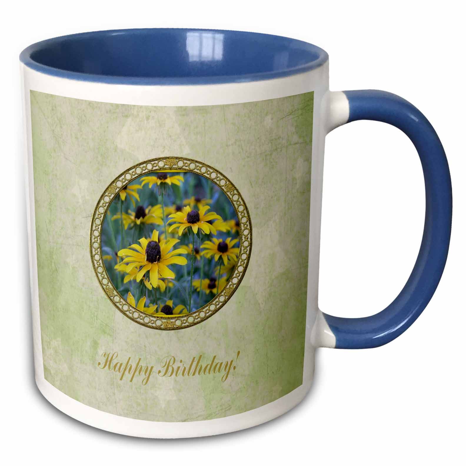 3dRose, Blackeyed Susans in Gold Oval Frame, Happy Birthday, 15oz Two-Tone Blue Mug - Walmart.com