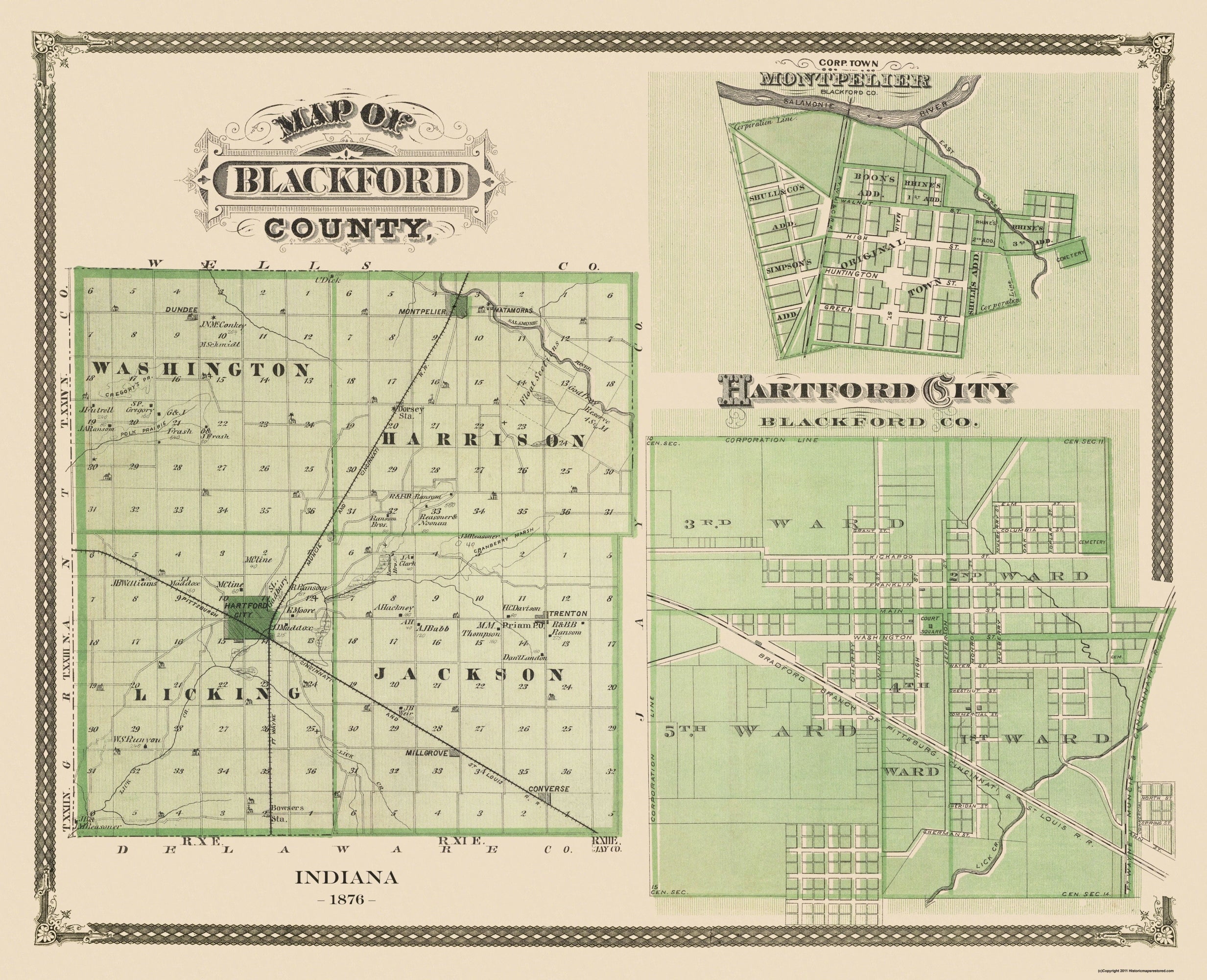 Historic County Map - Blackford County Indiana - Andreas 1876 - 28.31 x ...