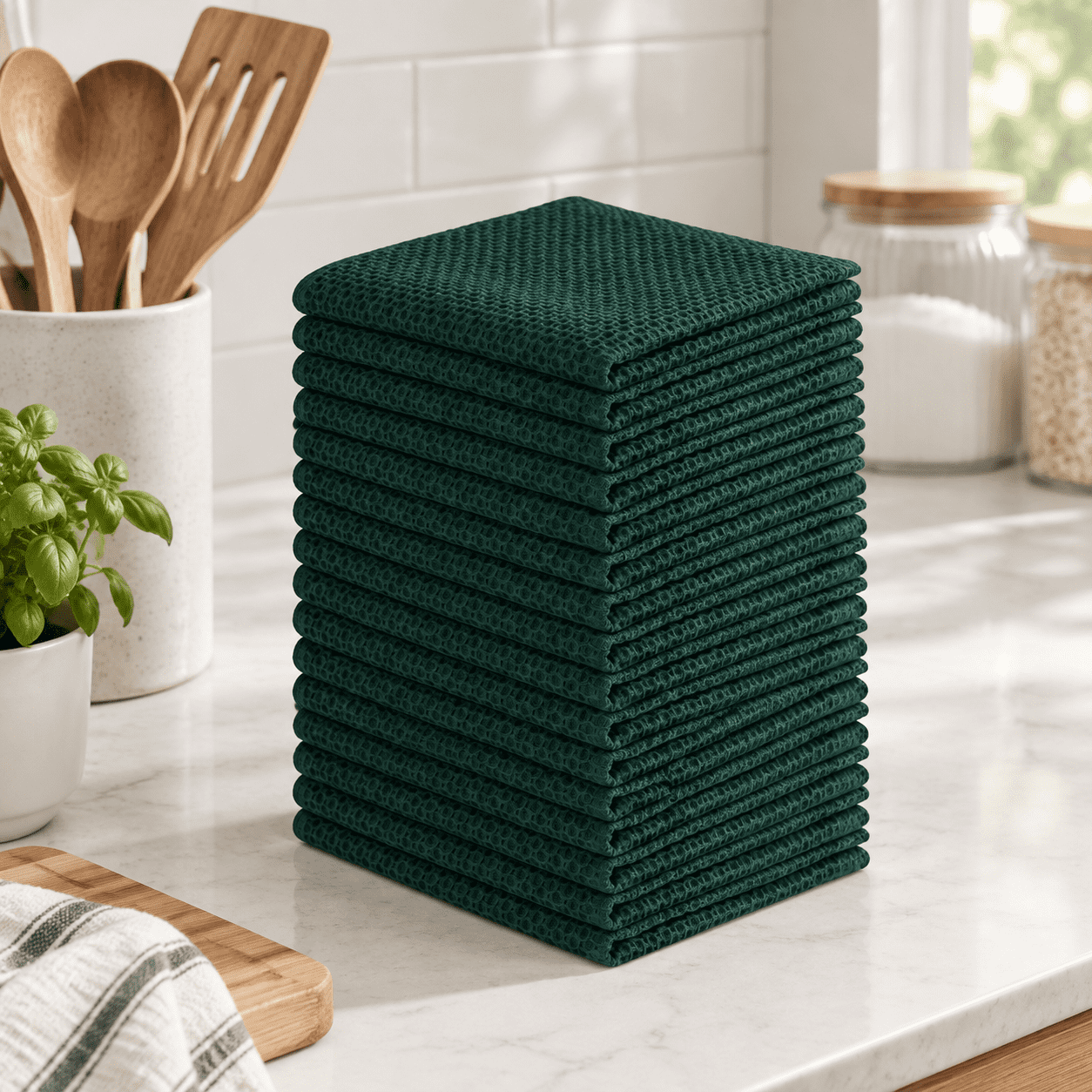 Blackish Green 12 x 12 - 15 Pack Waffle Weave Cotton Kitchen Dish ...