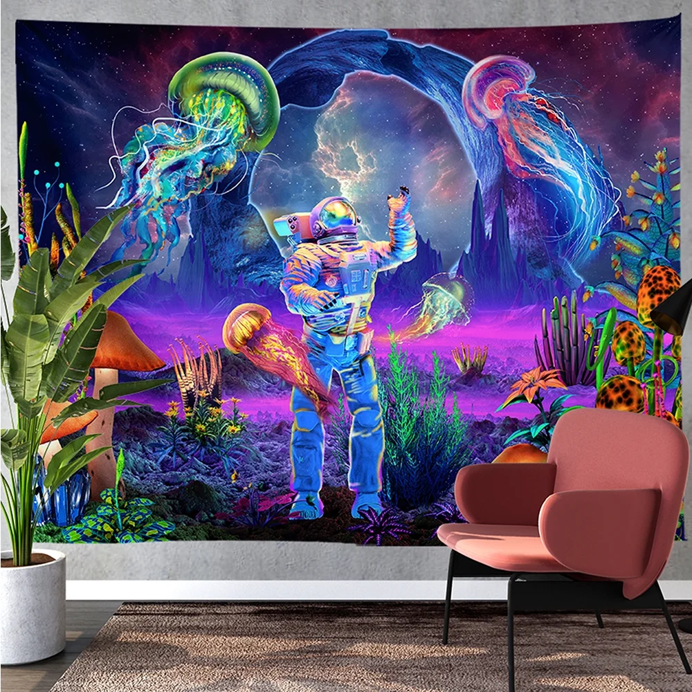 Blacklight Astronaut Tapestry Reactive Plants Jellyfish Wall Tapestry ...