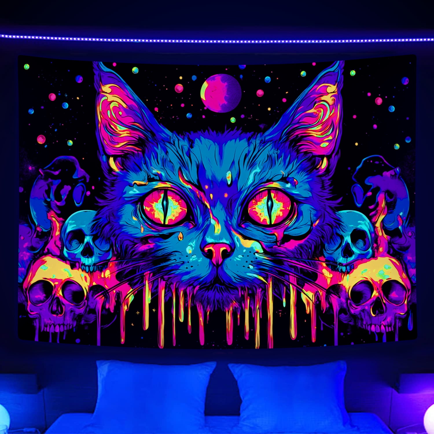 Blacklight Cat Horror Tapestry, Gothic Cat and Skull Skeleton Hippie ...