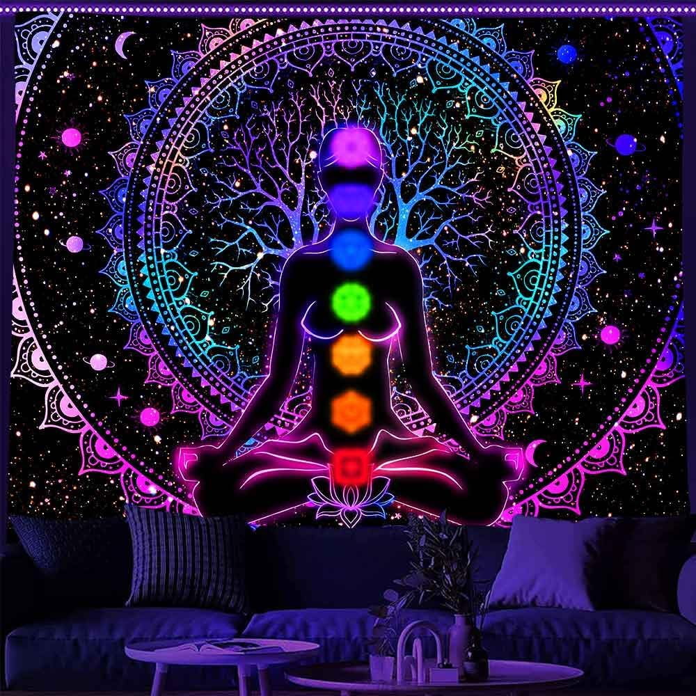 Blacklight Chakra Tapestry Boho Mandala Yoga Meditation Wall Tapestries ...