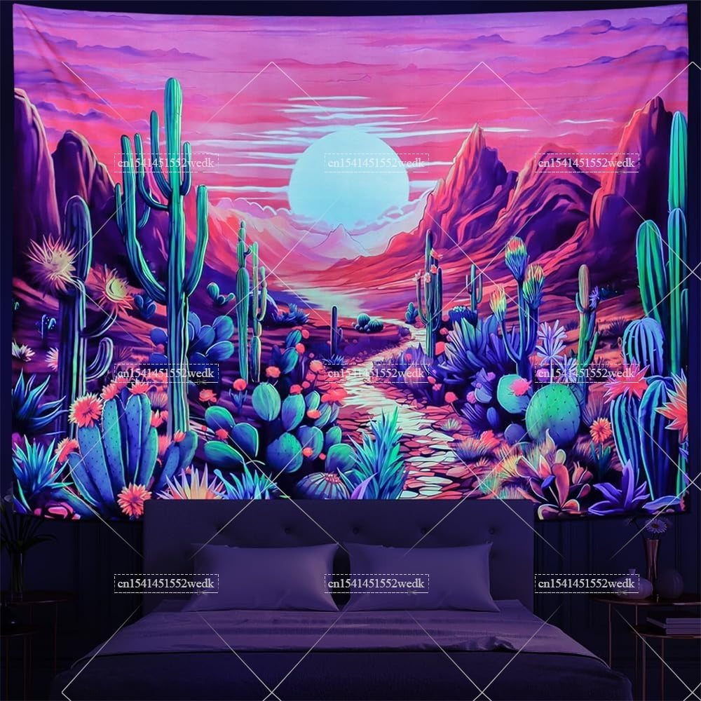 Blacklight Desert Cactus Tapestry UV Reactive Neon Sun Mountain Black ...