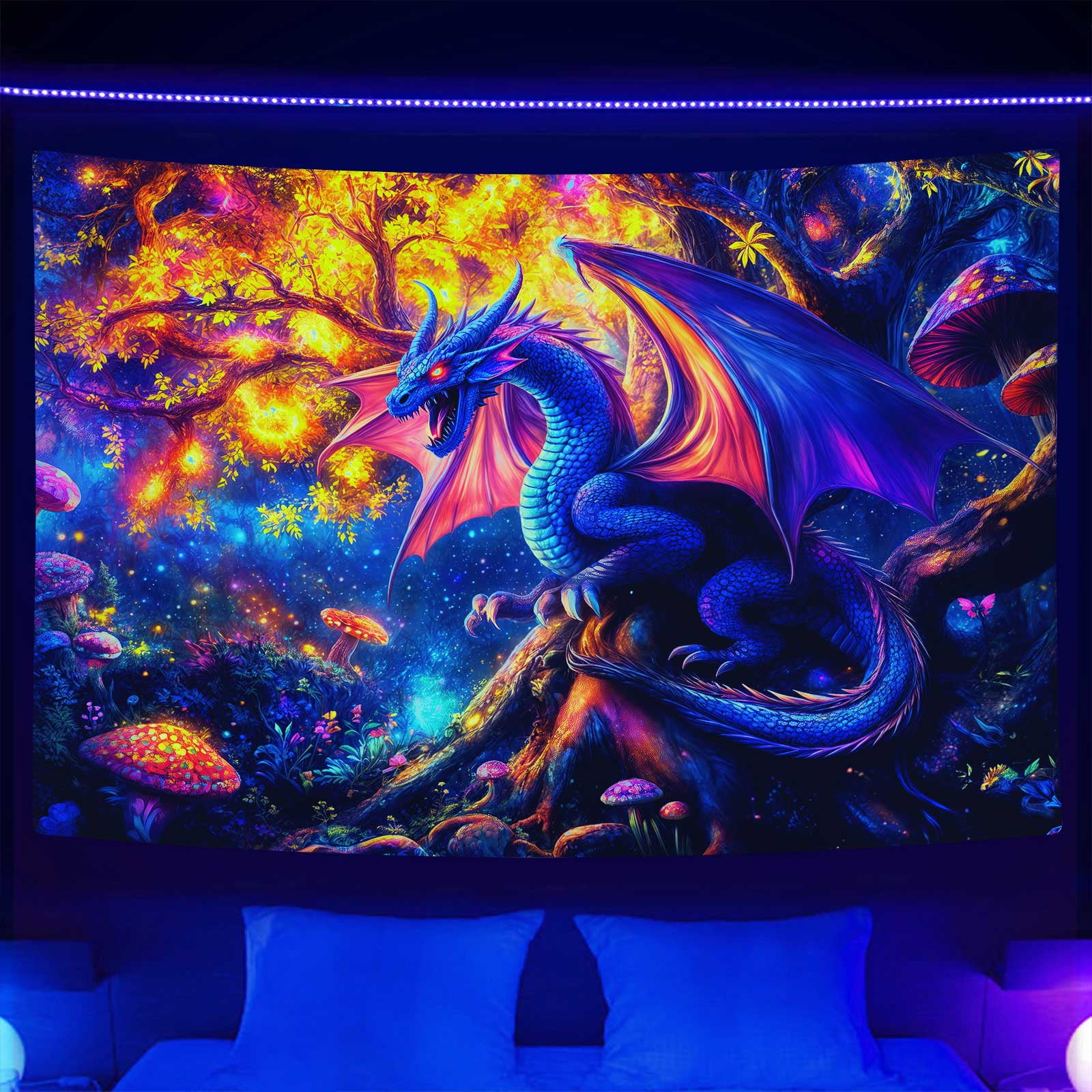 Blacklight Dragon Tapestry, Medieval Fantasy Animals Mushroom UV ...