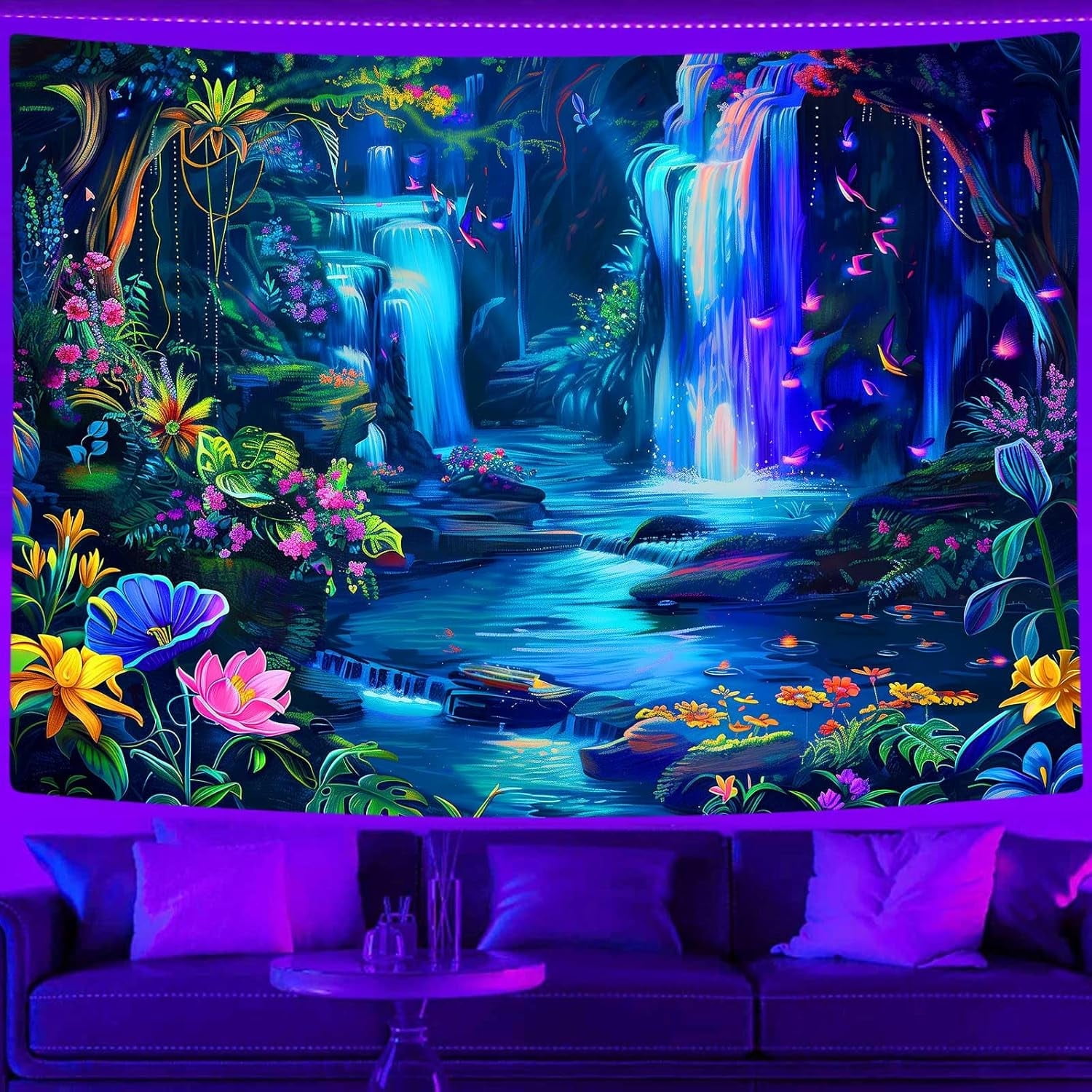 Blacklight Fantasy Forest Tapestry Aesthetic Mountain Landscape Wall ...