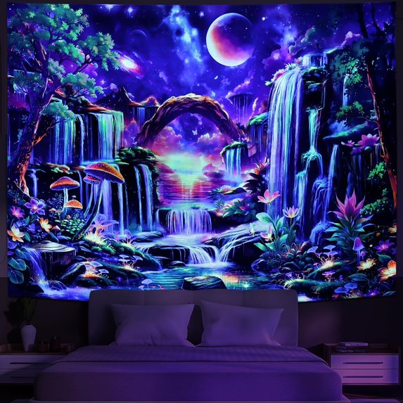 Blacklight Fantasy Forest Tapestry Neon Waterfall Tapestries UV ...